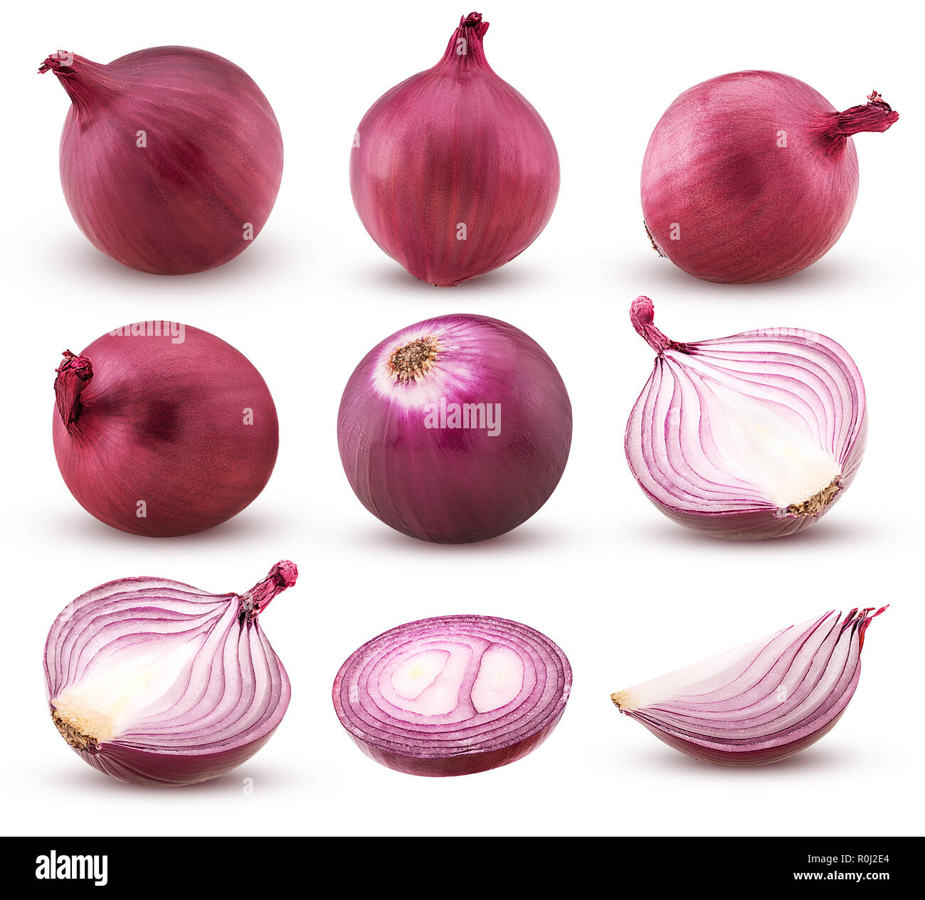 Collection red onion with slices and cut in half isolated on white ...