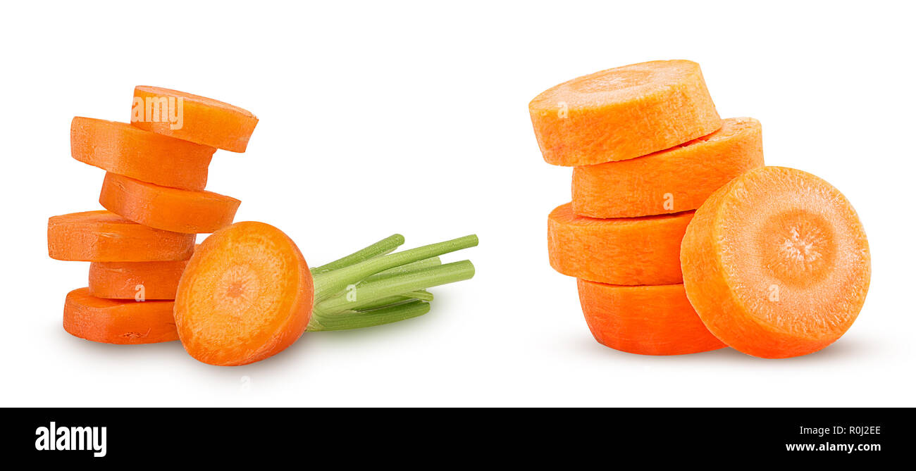 Collection of fresh clean carrots with stems, ring slice isolated on ...