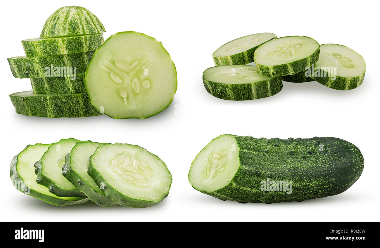 Collection fresh cucumber cut in half and chopped isolated on white ...