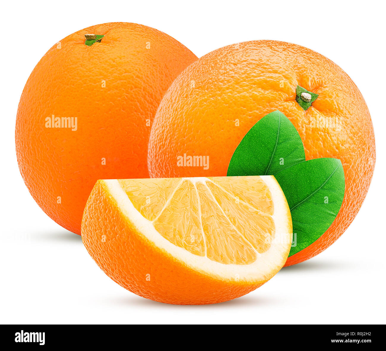 Two orange fruit and slice with leaf isolated on white background ...