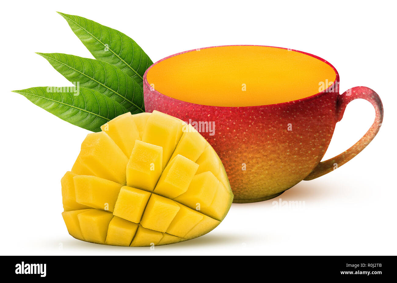 Mug of fresh mango fruit with leaf one cut in half cubes isolated on ...