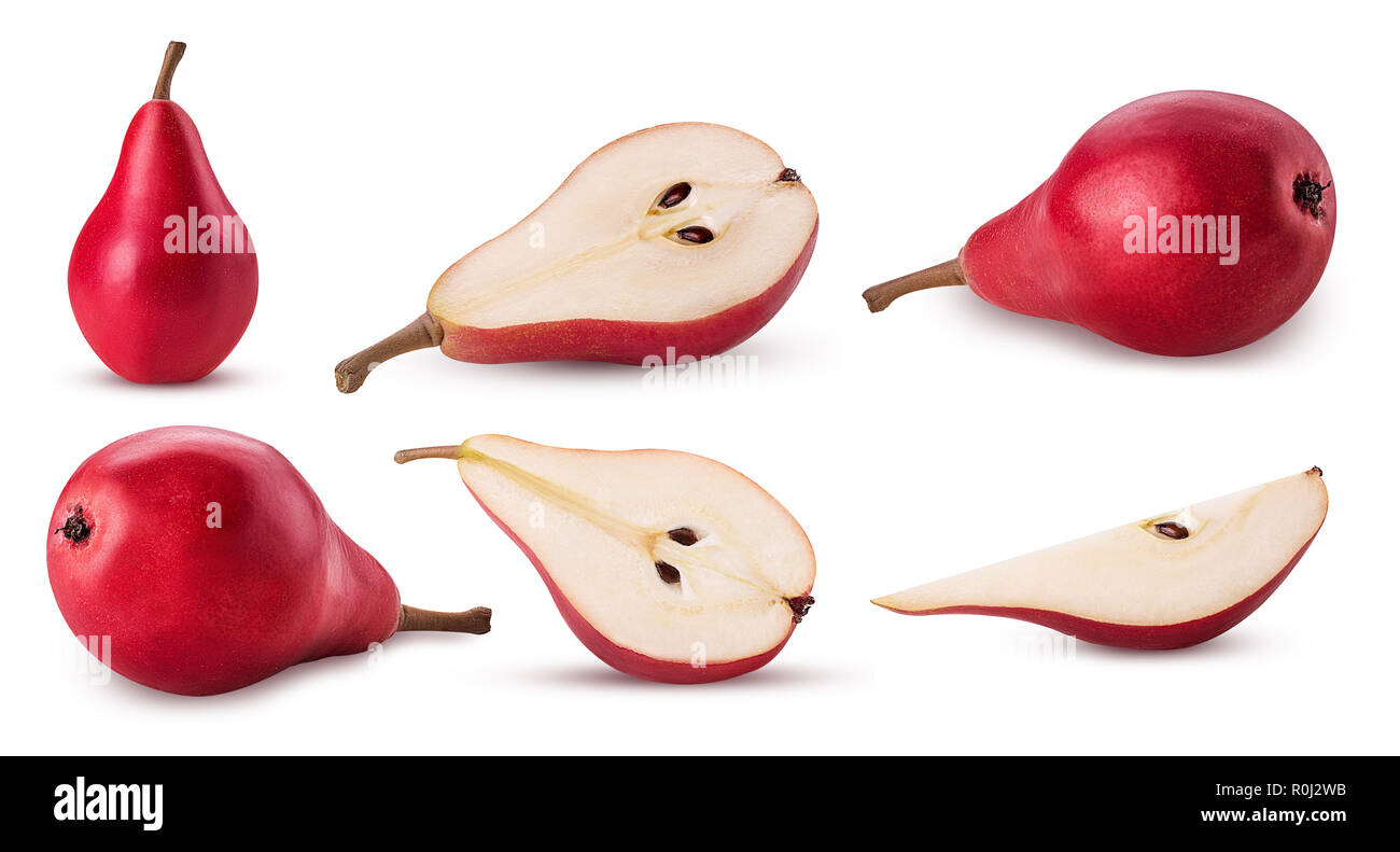Collection Fresh red pears, whole, half, sllice isolated on white ...