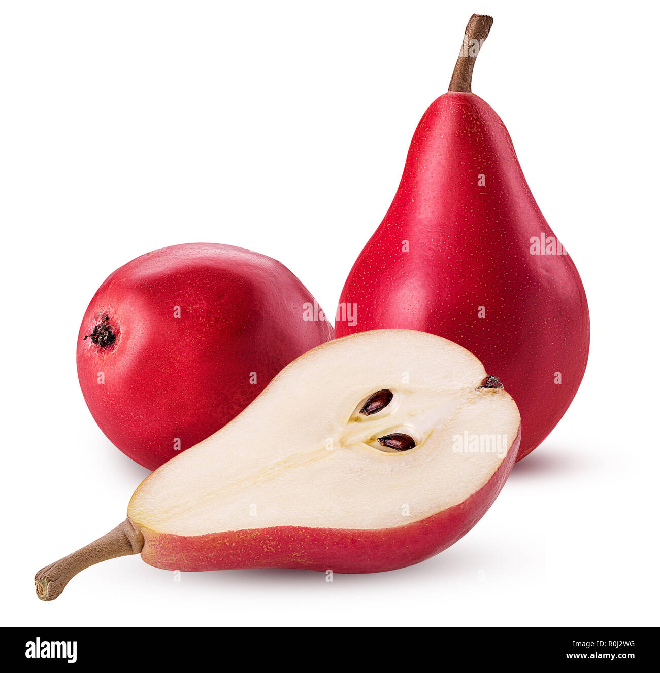 Fresh two red pears one cut in half isolated on white background ...