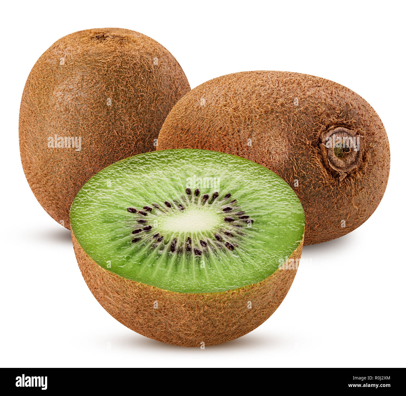 Two kiwi fruit one cut in half isolated on white background. Clipping ...