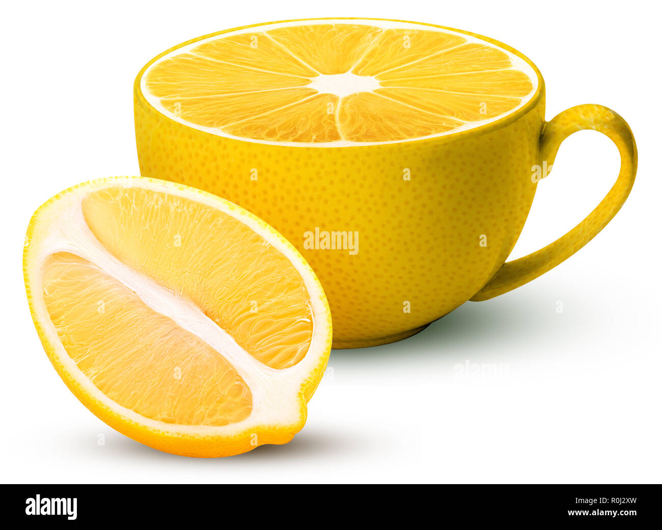 Mug of fresh lemon one cut in half isolated on white background ...