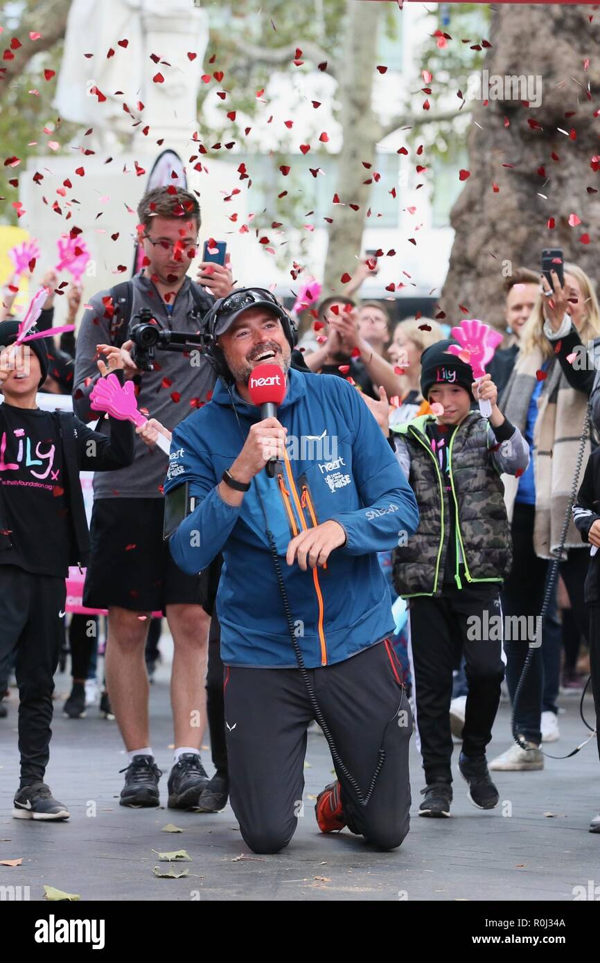 Jamie Theakston completing his charity marathon event at Global studios ...