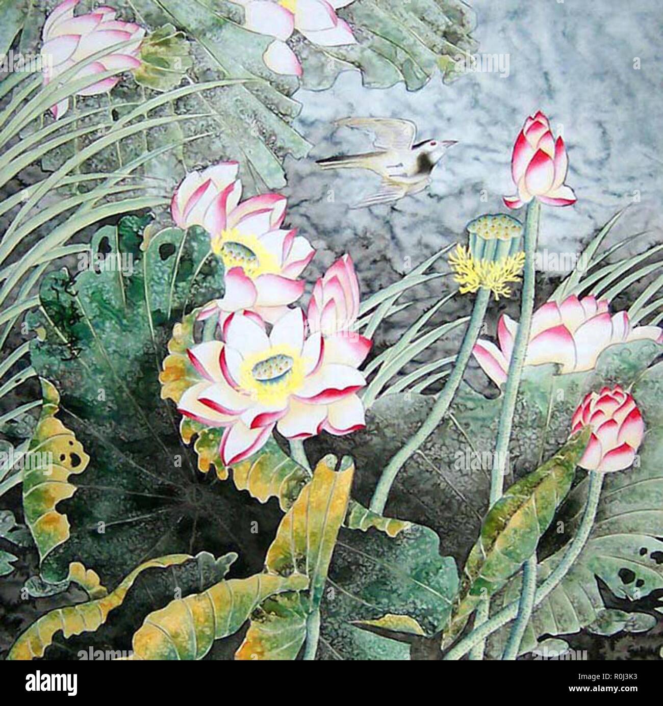 chinese artwork featuring birds and nature Stock Photo - Alamy