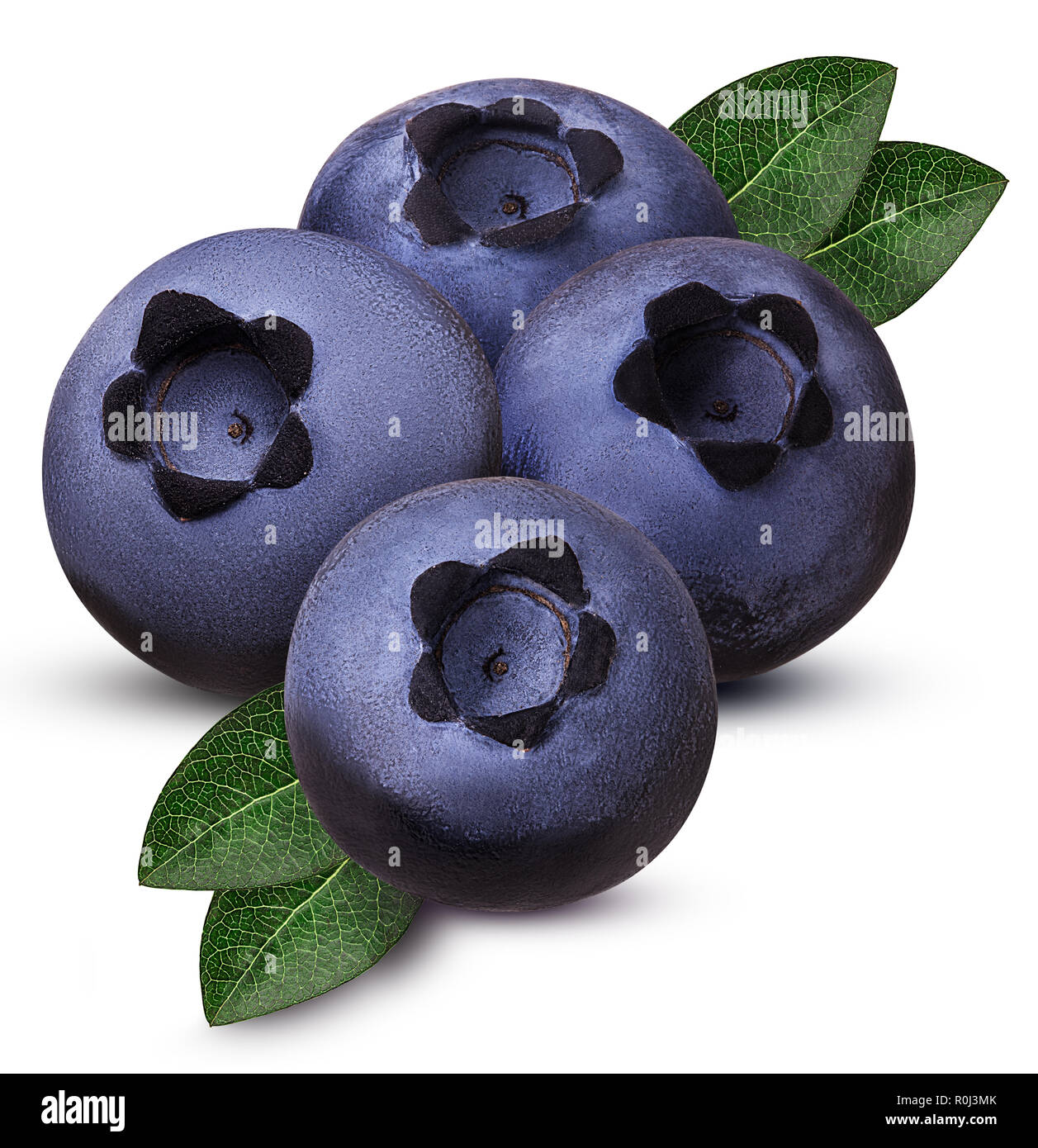 Handful of four ripe blueberry one cut in half with leaf isolated on ...