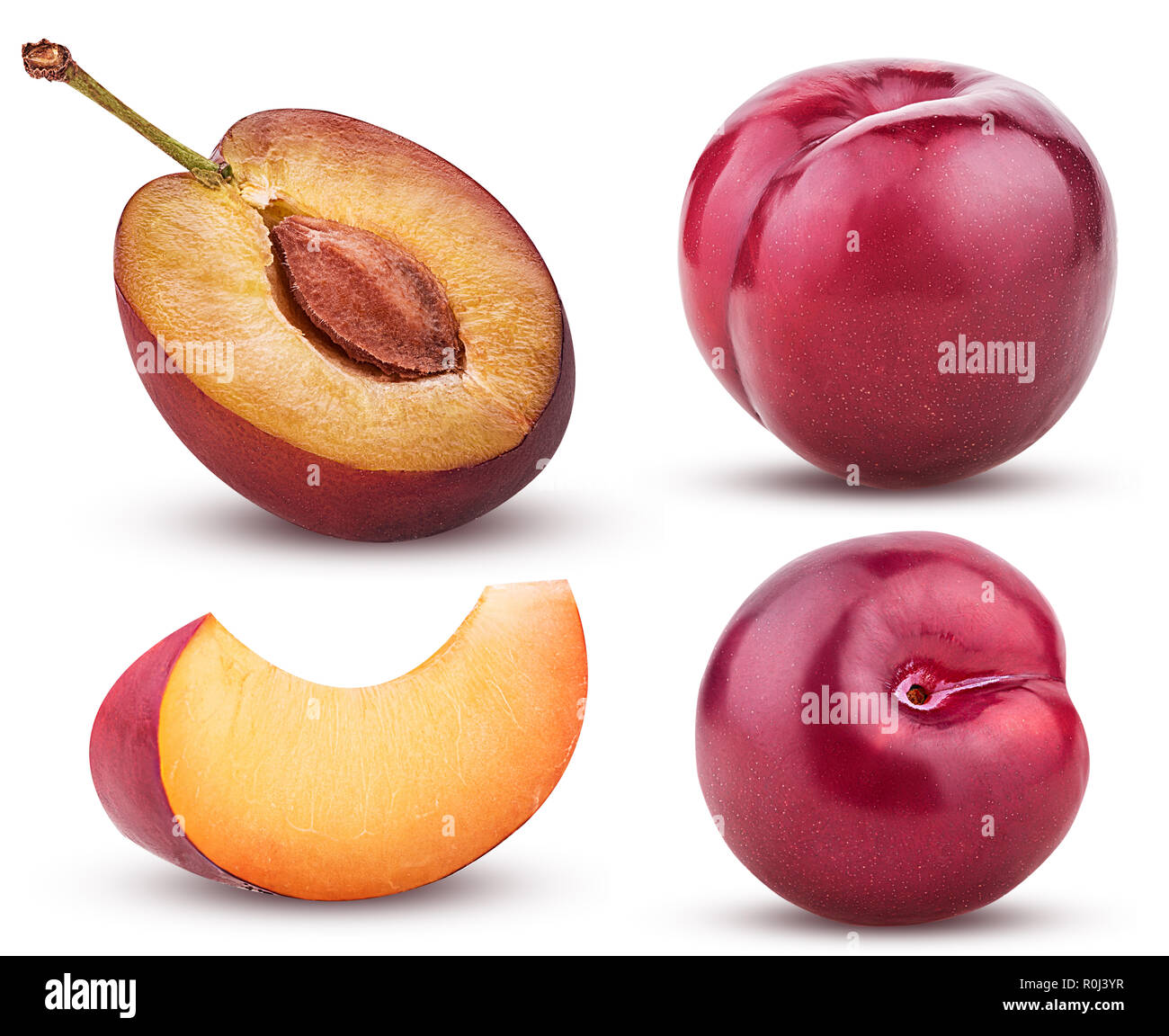 Set fresh plum, whole, cut in half with bone, slice isolated on white ...