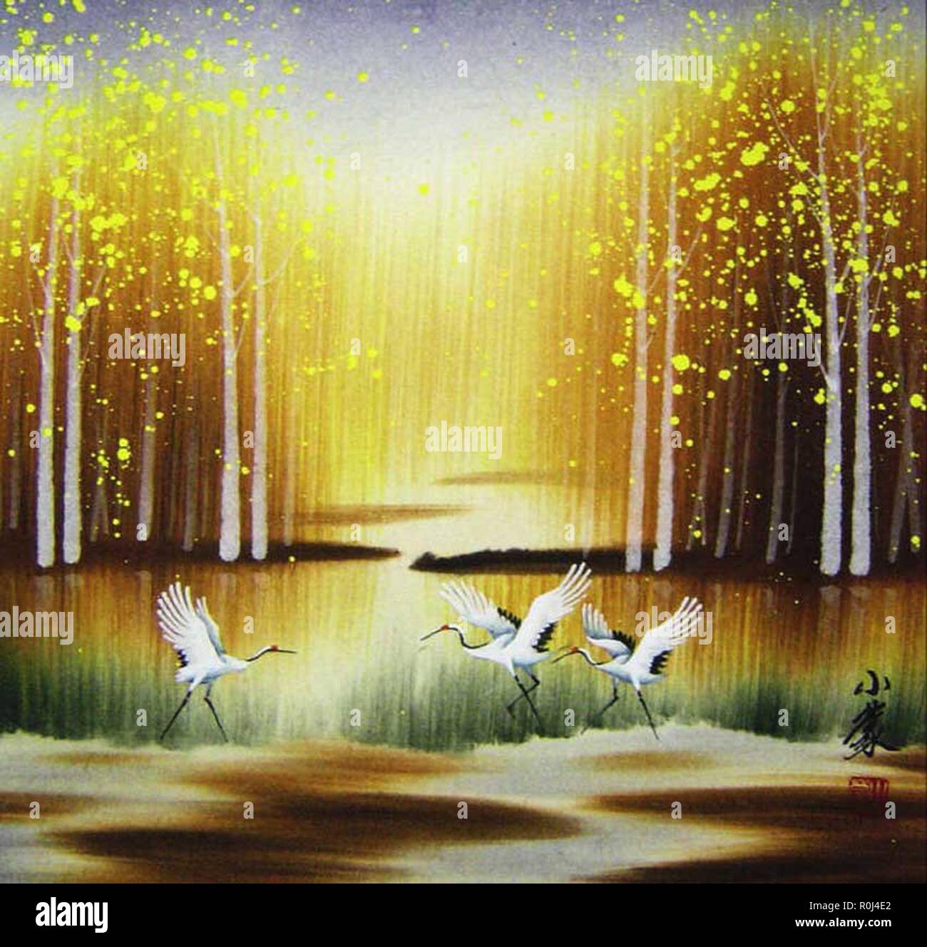 chinese artwork featuring birds and nature Stock Photo - Alamy