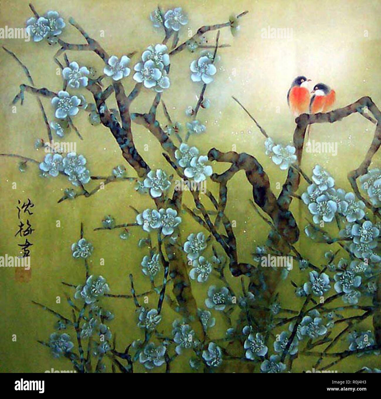 vintage oriental bird painting Stock Photo - Alamy