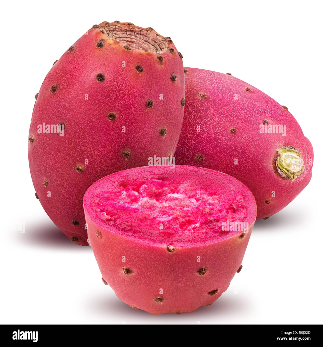 Two red opuntia, one cut in half isolated on white background. Clipping ...