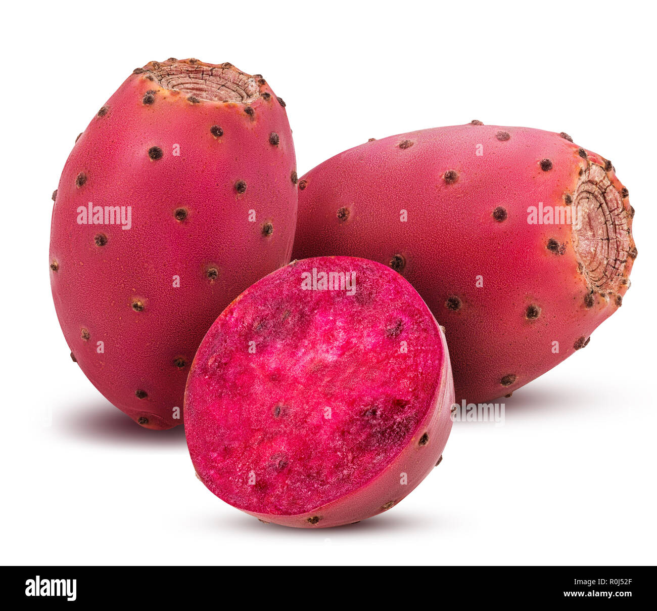 Two red opuntia, one cut in half isolated on white background. Clipping ...