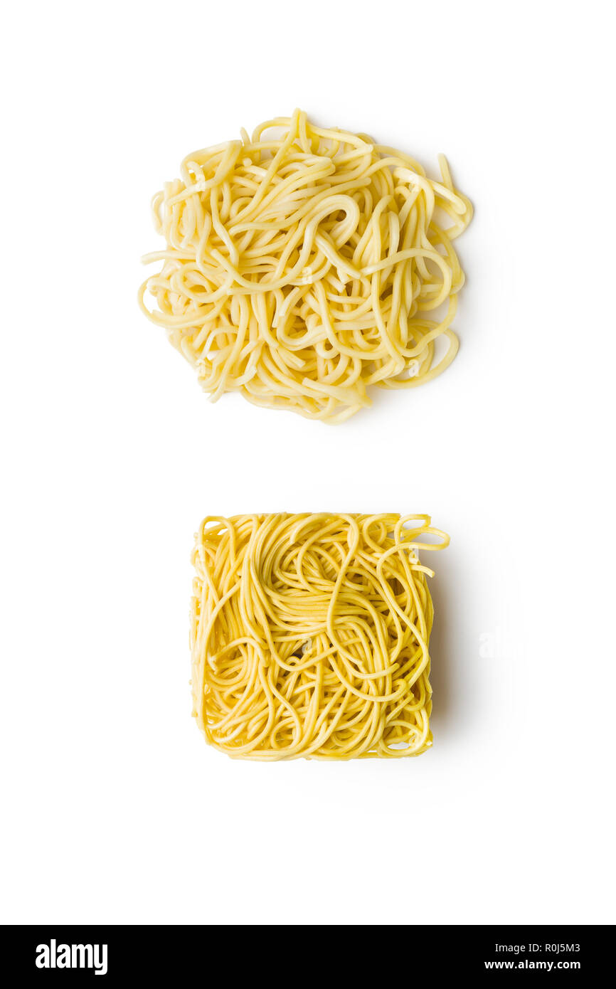 Cooked and uncooked chinese noodles isolated on white background Stock ...