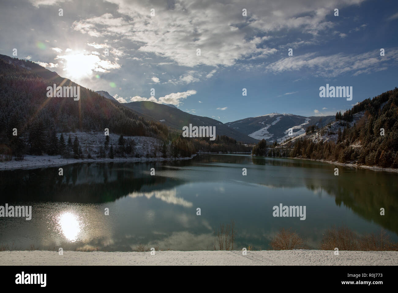 Lake Valdora in Dolomites in winter time. Lago di Valdora Stock Photo ...