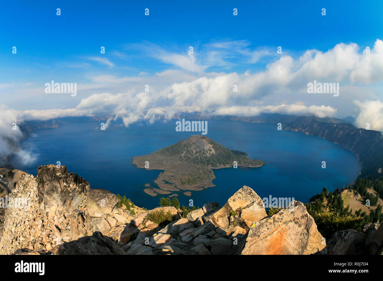 View of Wizard Island from Watchman Peak at Crater Lake National Park ...