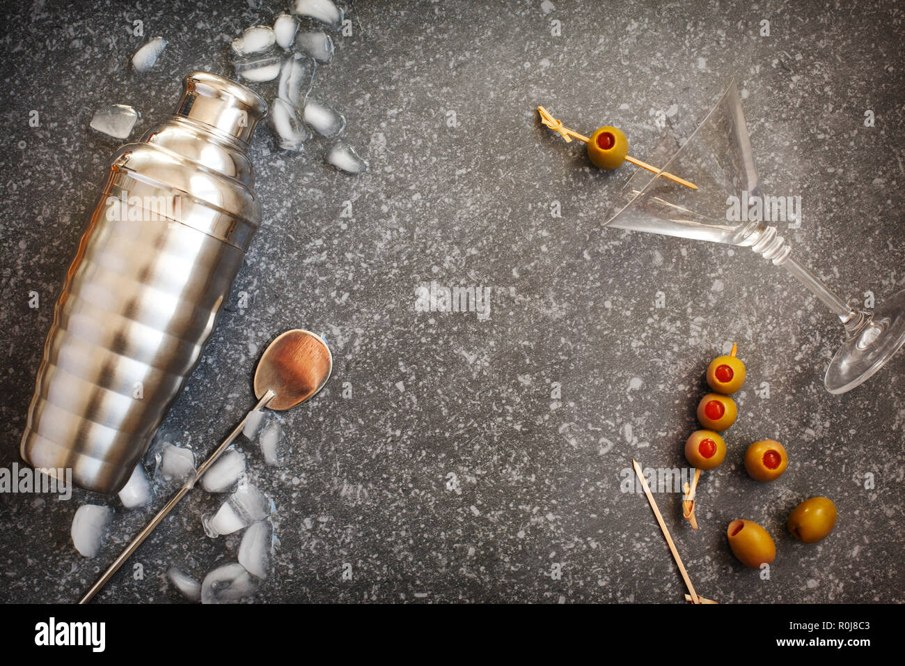 Ingredients and bar utensils for making martini cocktail. Top view ...