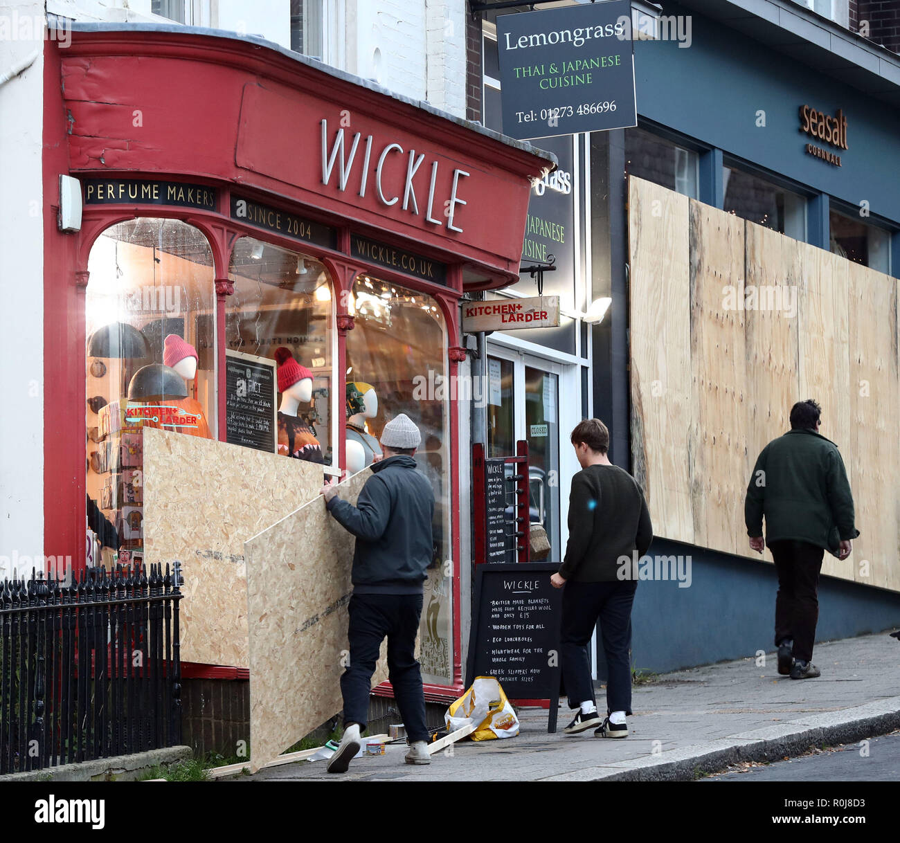 Shops are boarded up in Lewes High Street in East Sussex ahead of an ...