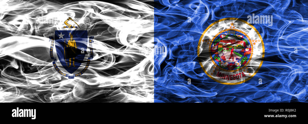 Massachusetts vs Minnesota colorful concept smoke flags placed side by ...