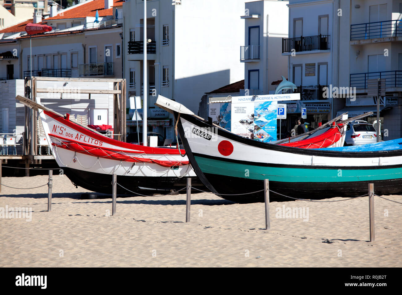 Nazare, Portugal - colorful traditional old wooden fishing boat on the ...