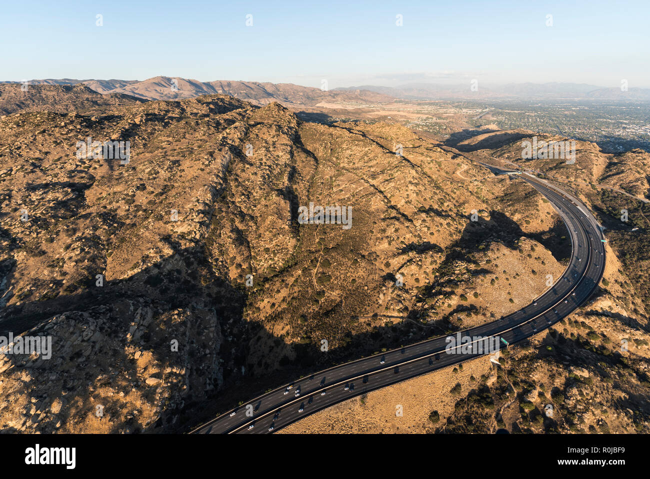 Aerial view of the Santa Susana Pass and Route 118 freeway entering the ...