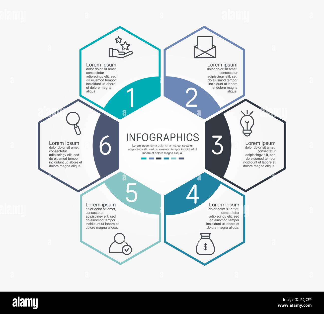 Flat line vector illustration. Infographic template with six elements ...