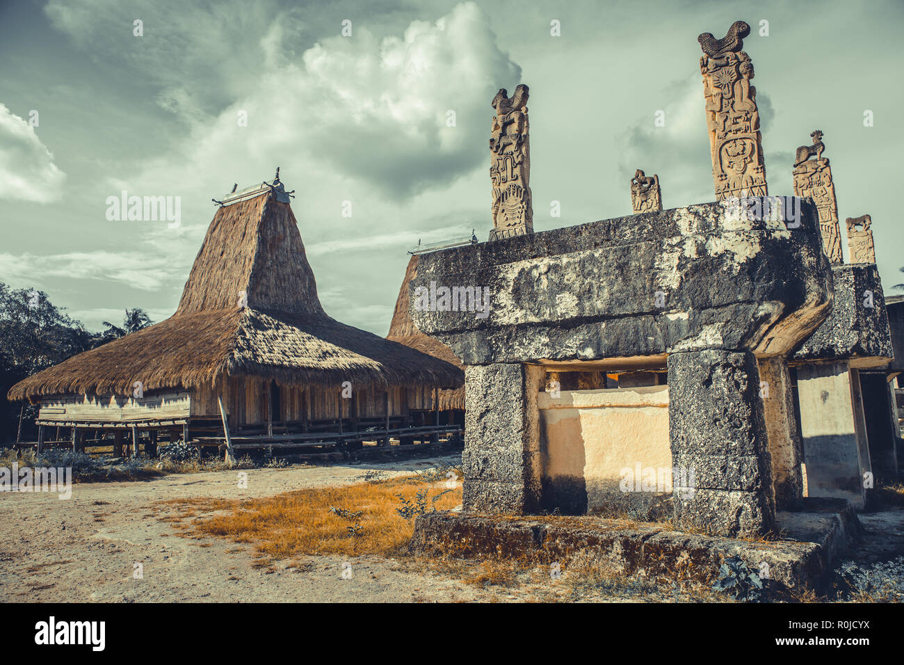 Authentic tomb, straw roof house. Sumba village. Indonesia. The ethnic ...