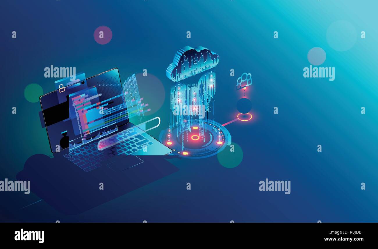 laptop connection on cloud storage for collaboration work with remote team. Cooperation work via ...