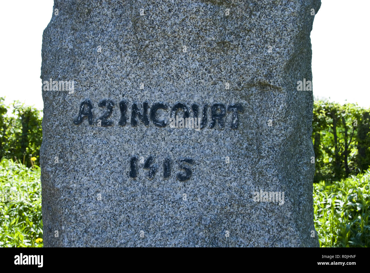 A stone marker at the site of the Battle of Agincourt, a major battle ...