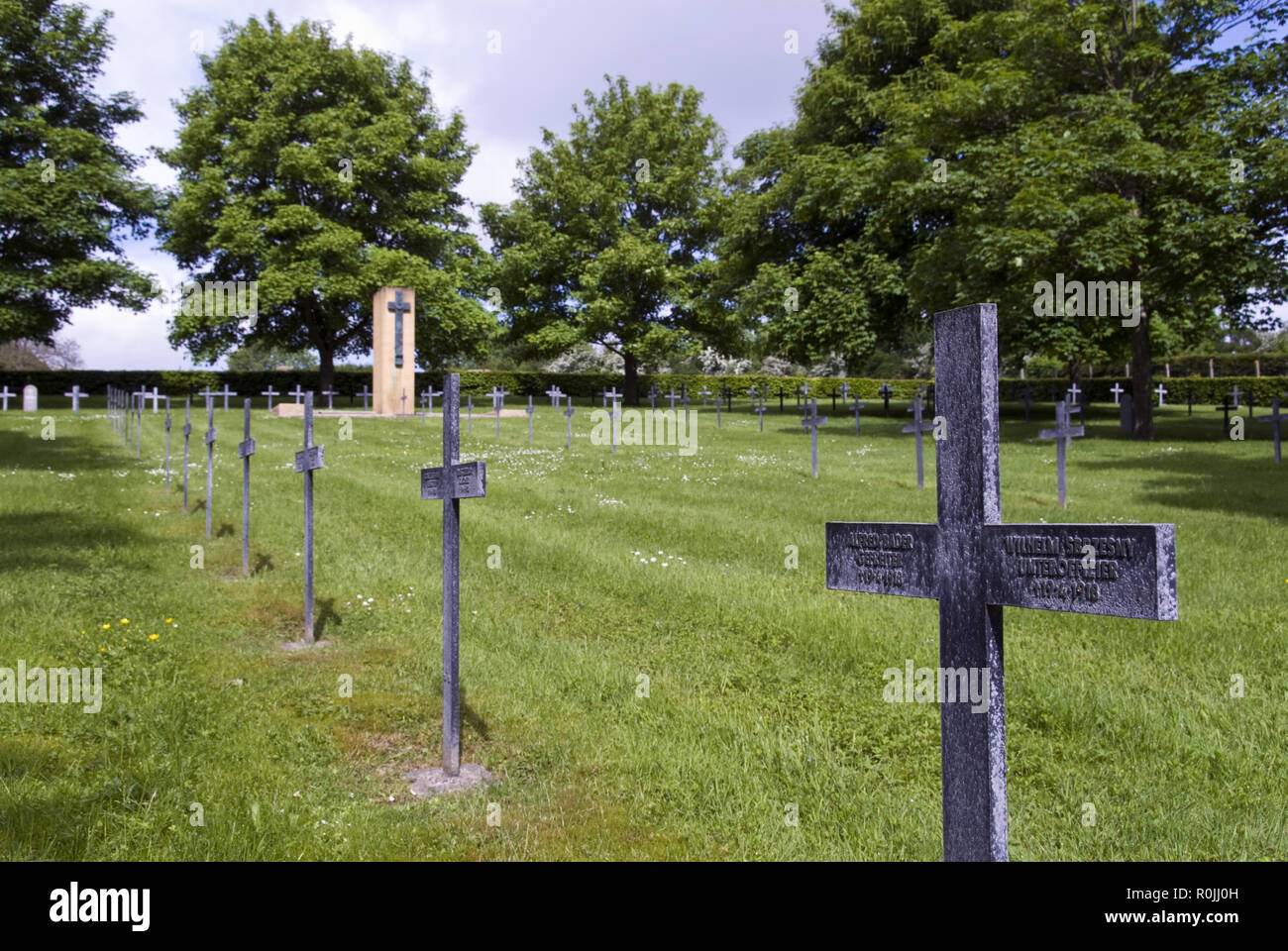 Iron crosses mark the graves of World War One German soldiers at the ...
