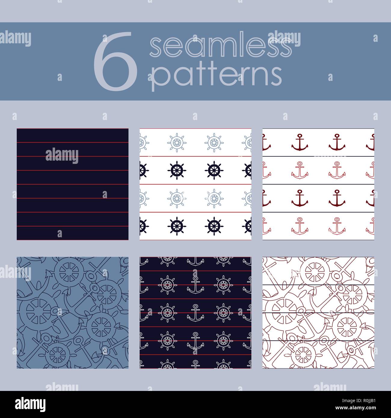 Set of 6 nautical backgrounds in dark blue, light blue, red and white ...