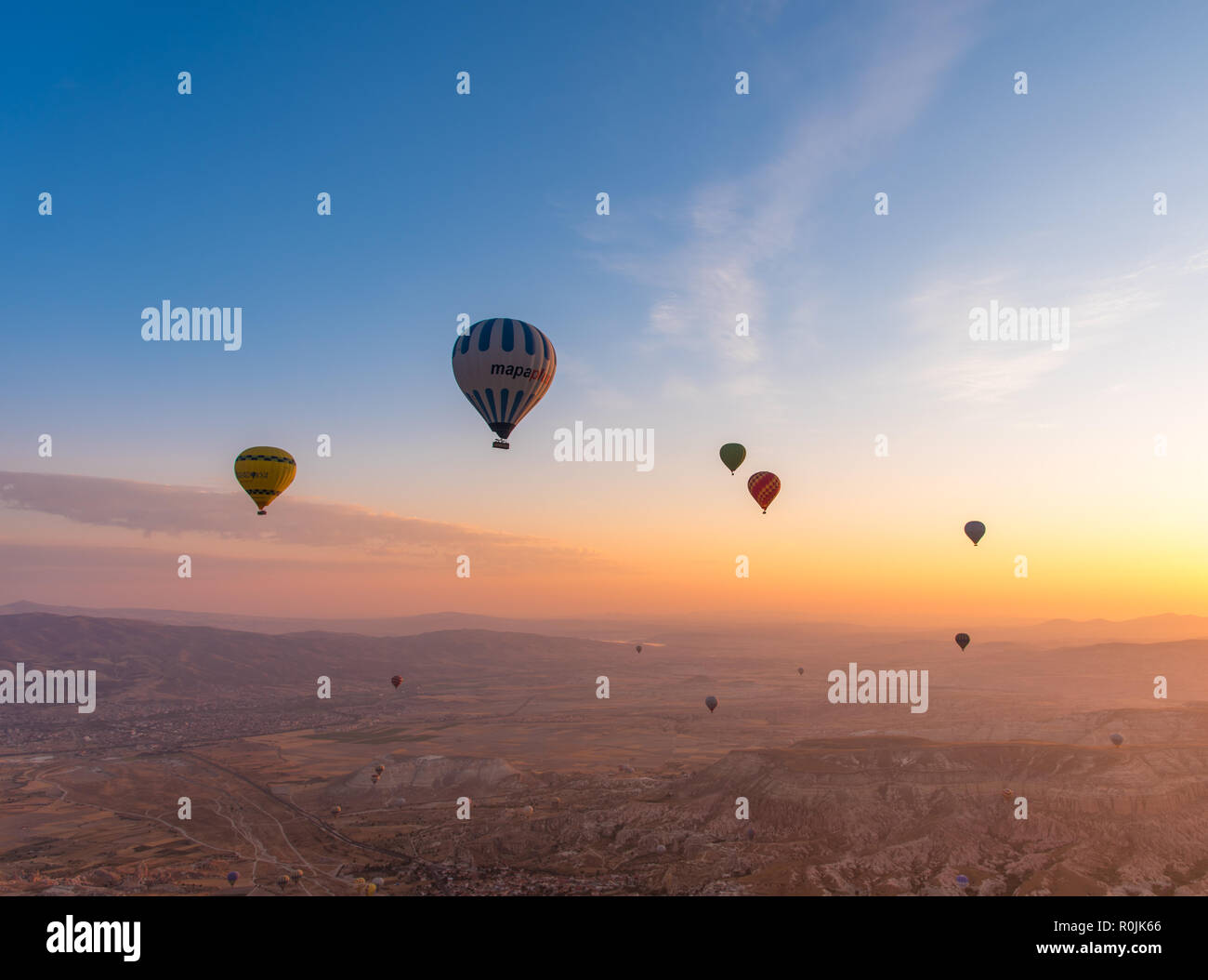 Stunning Sunrise View. Hot Air Balloon, Cappadocia Turkey Stock Photo ...