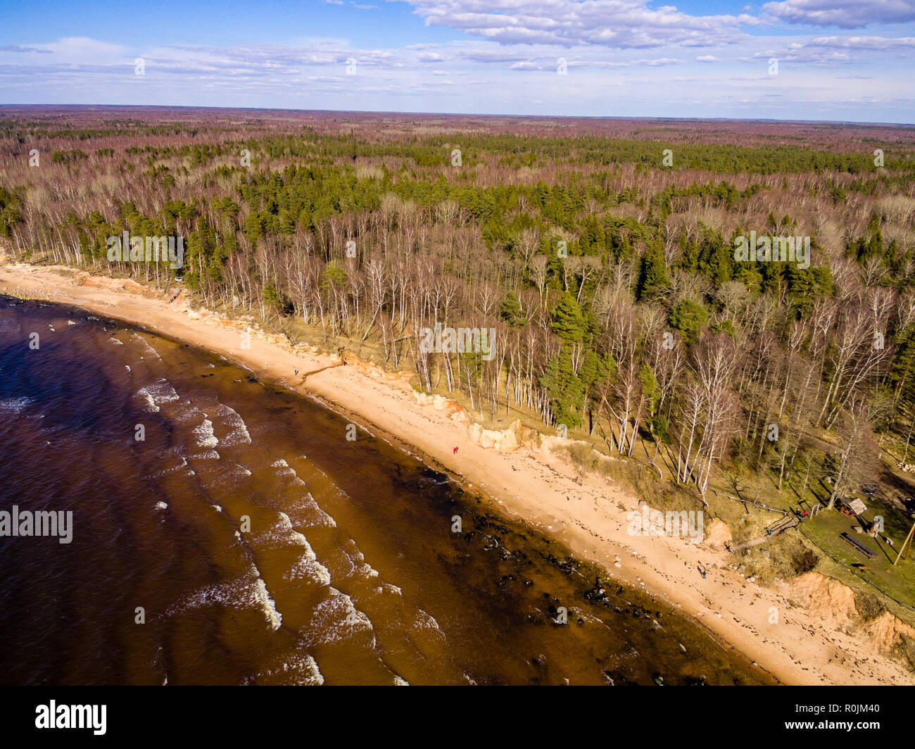 drone image. aerial view of rural area with rocky beach of Baltic sea ...