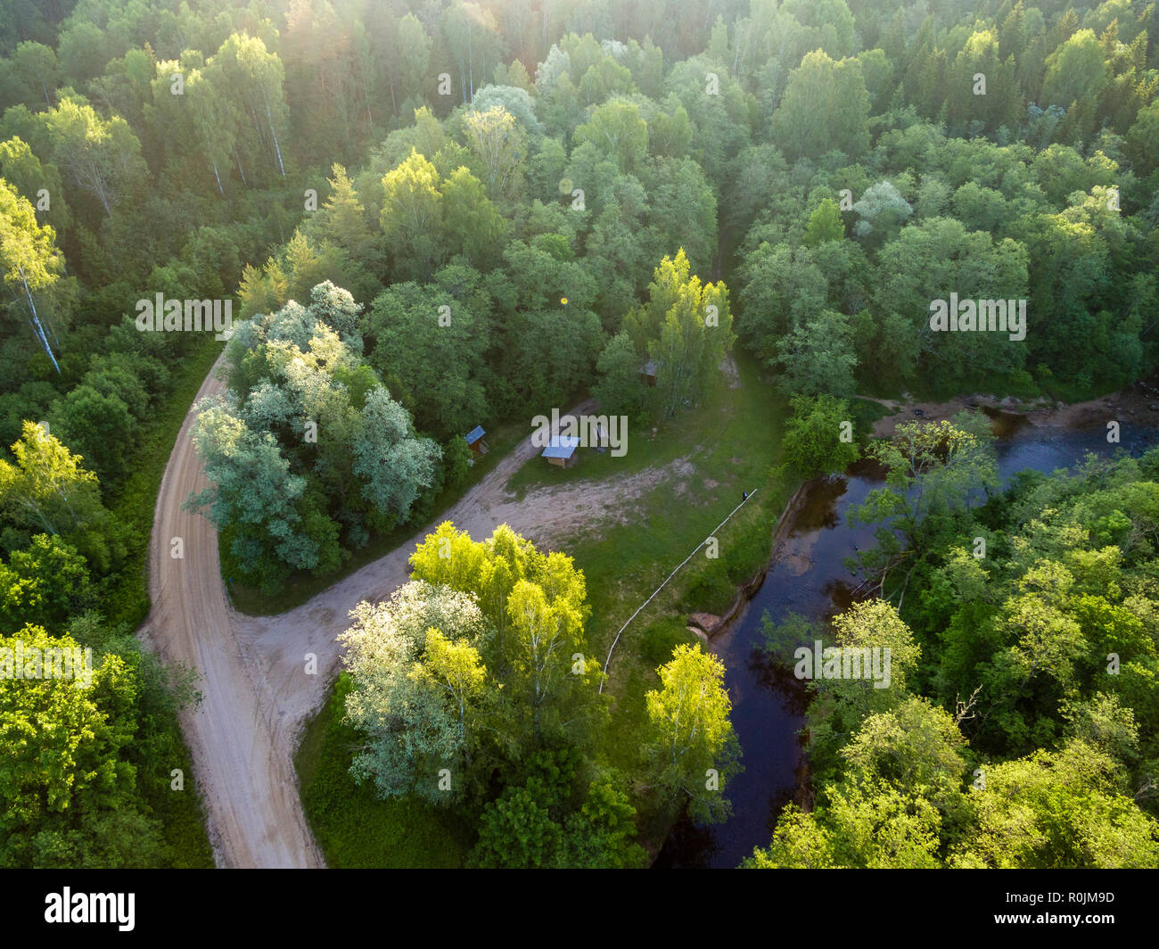 drone image. aerial view of rural area with fields and forests and ...