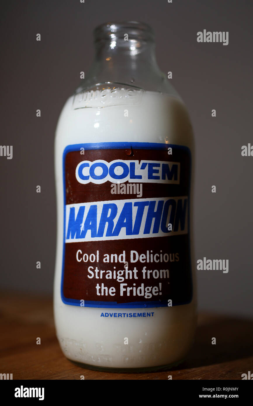 A vintage milk bottle with an advert for Marathon on it. Pictured in ...