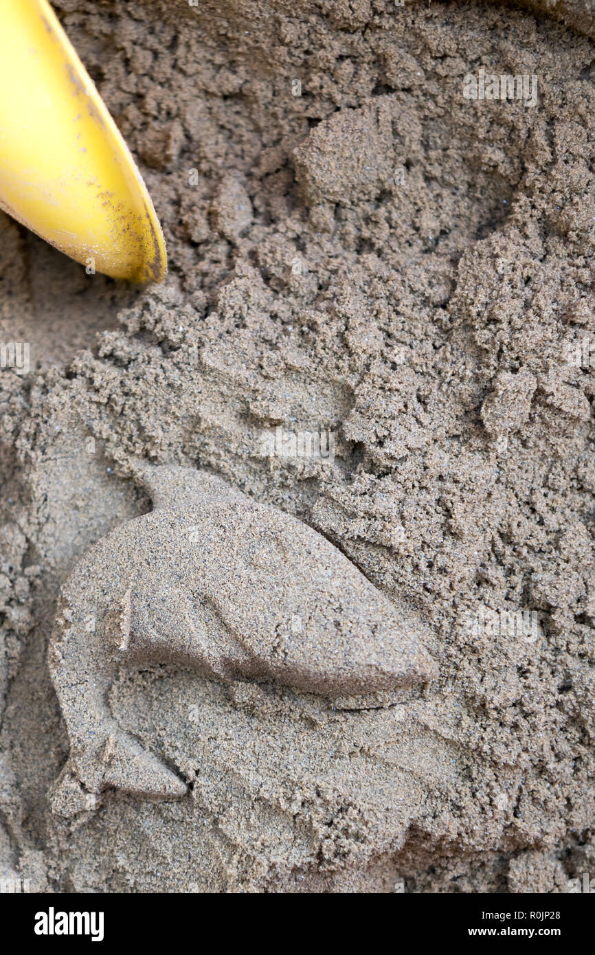 Molded sand shark in the sandbox with yellow vane Stock Photo - Alamy
