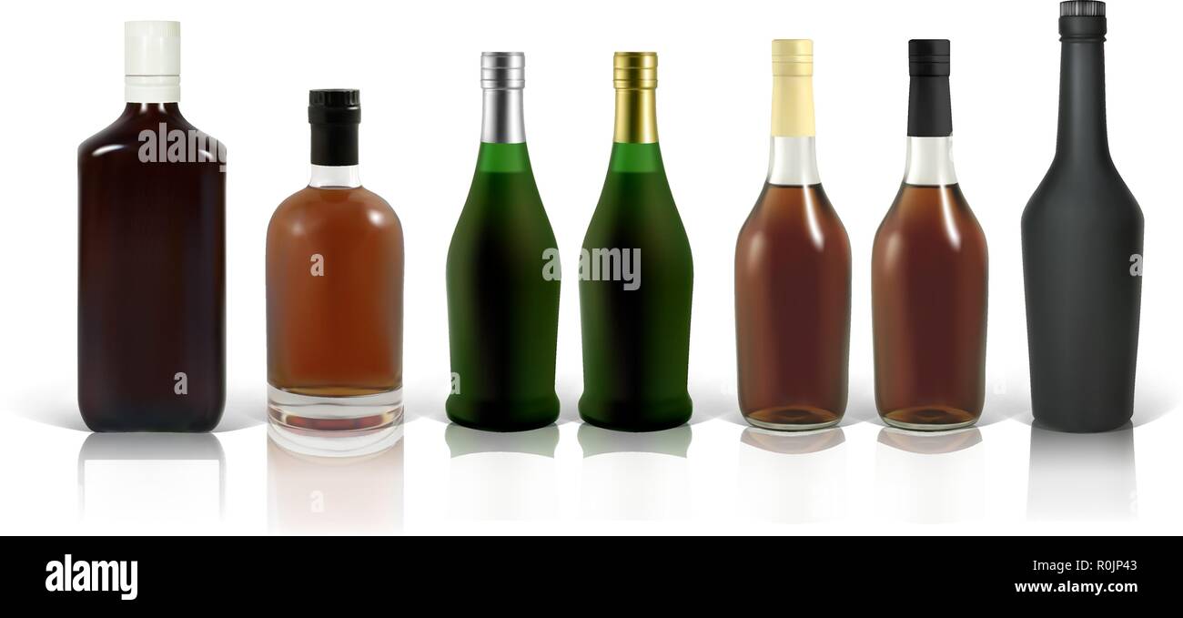 Set of photo-realistic whiskey, cognac and scotch bottles on a white background with shadow and ...