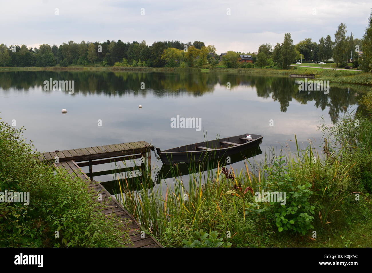 Beautiful landscape. Wooden bridge with boat. Lake, forest, shore, sky ...