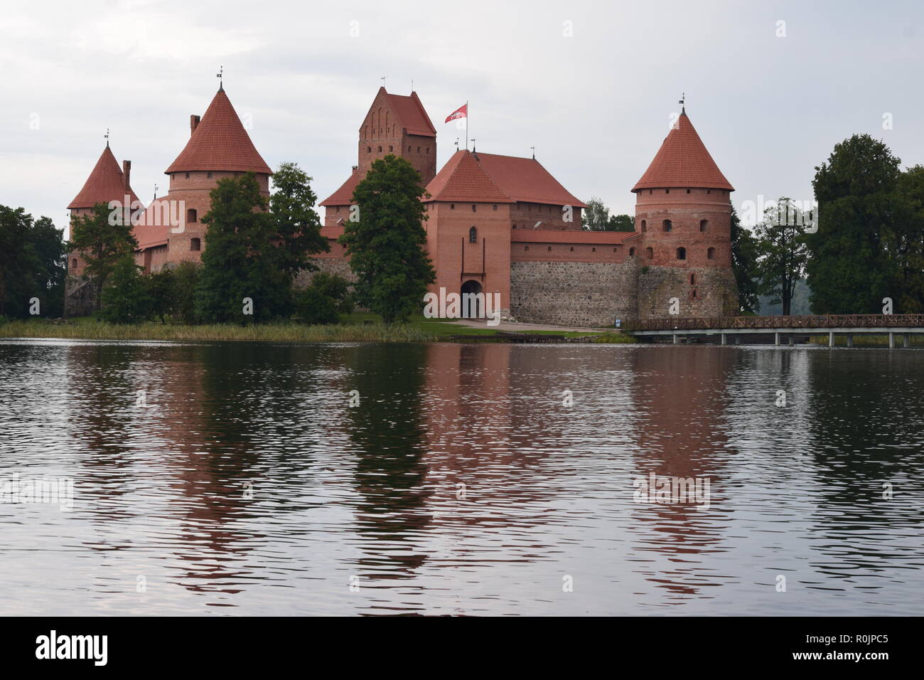 Tracai castle on the island in the lake. Reflection in water Stock ...