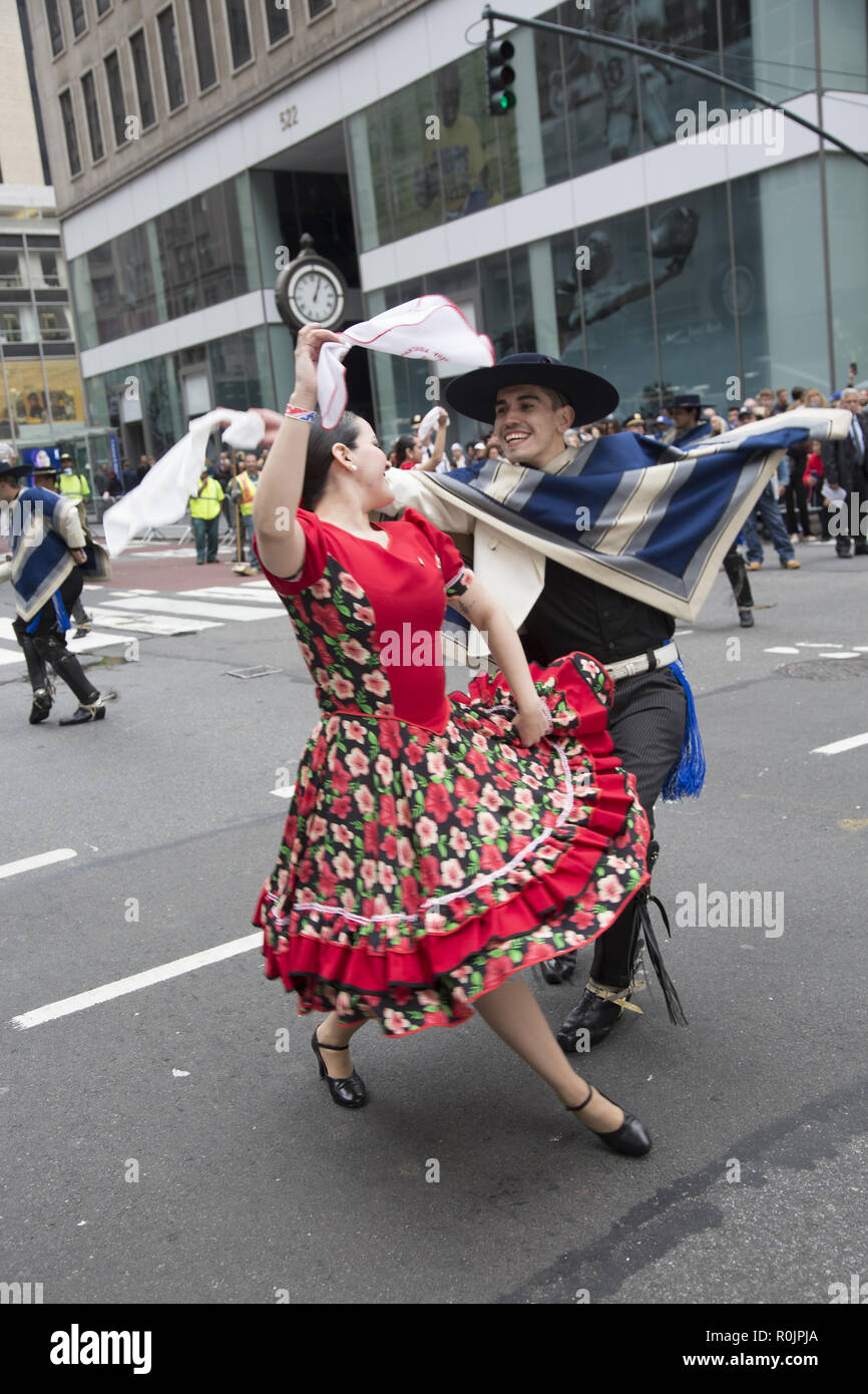 2018 Hispanic Day Parade on 5th Avenue in New York City. Folk dancers ...