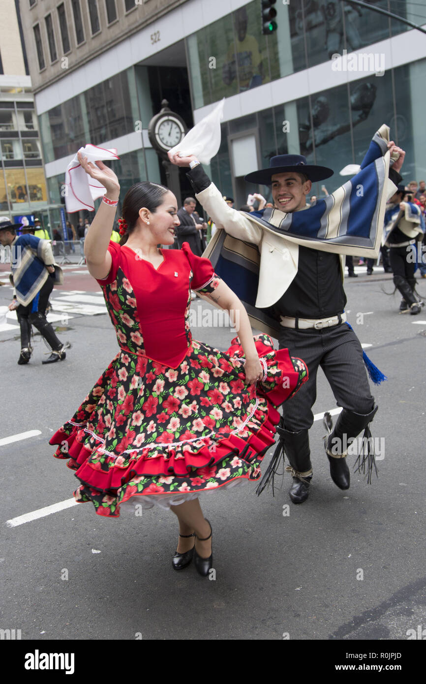 2018 Hispanic Day Parade on 5th Avenue in New York City. Folk dancers ...