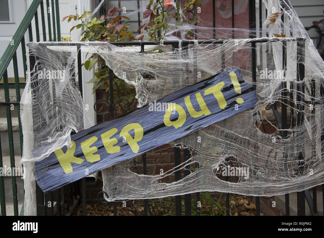 Keep Out sign as part of Halloween home decorations, Brooklyn, NY Stock ...