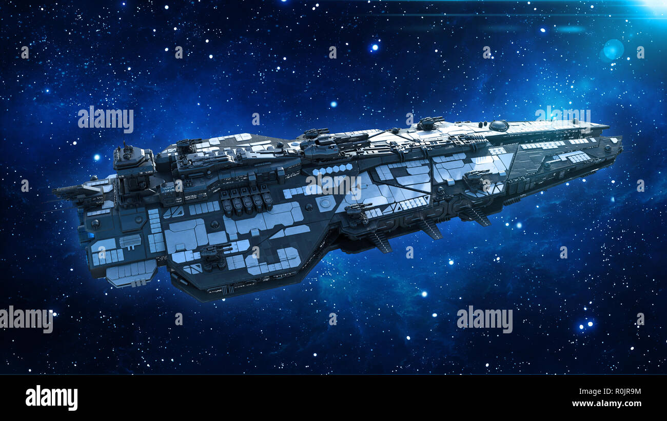 Alien spaceship in the Universe, spacecraft flying in deep space with ...