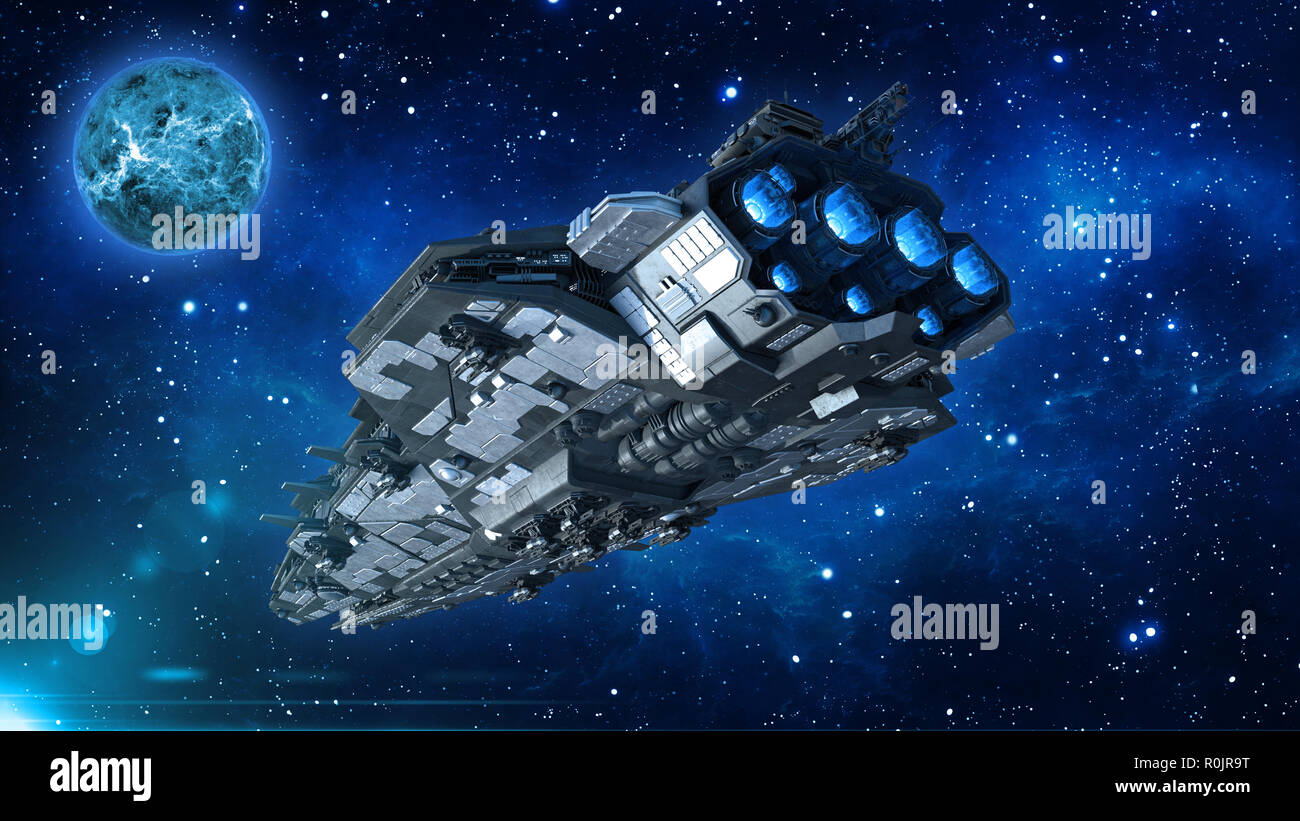 Alien spaceship in the Universe, spacecraft flying in deep space with planet and stars in the ...