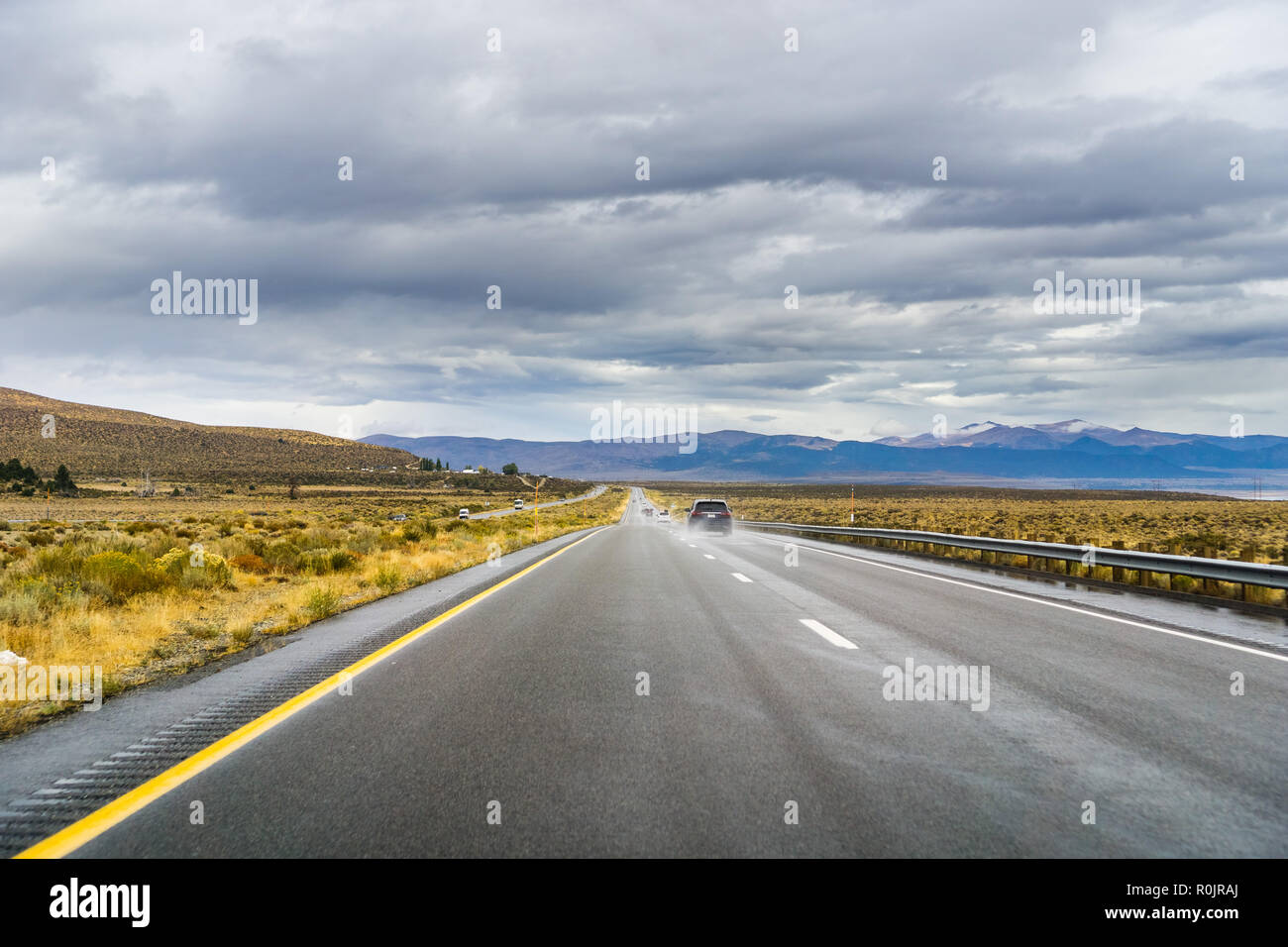 Driving on the freeway through Mono Lake Basin area, Eastern Sierra ...