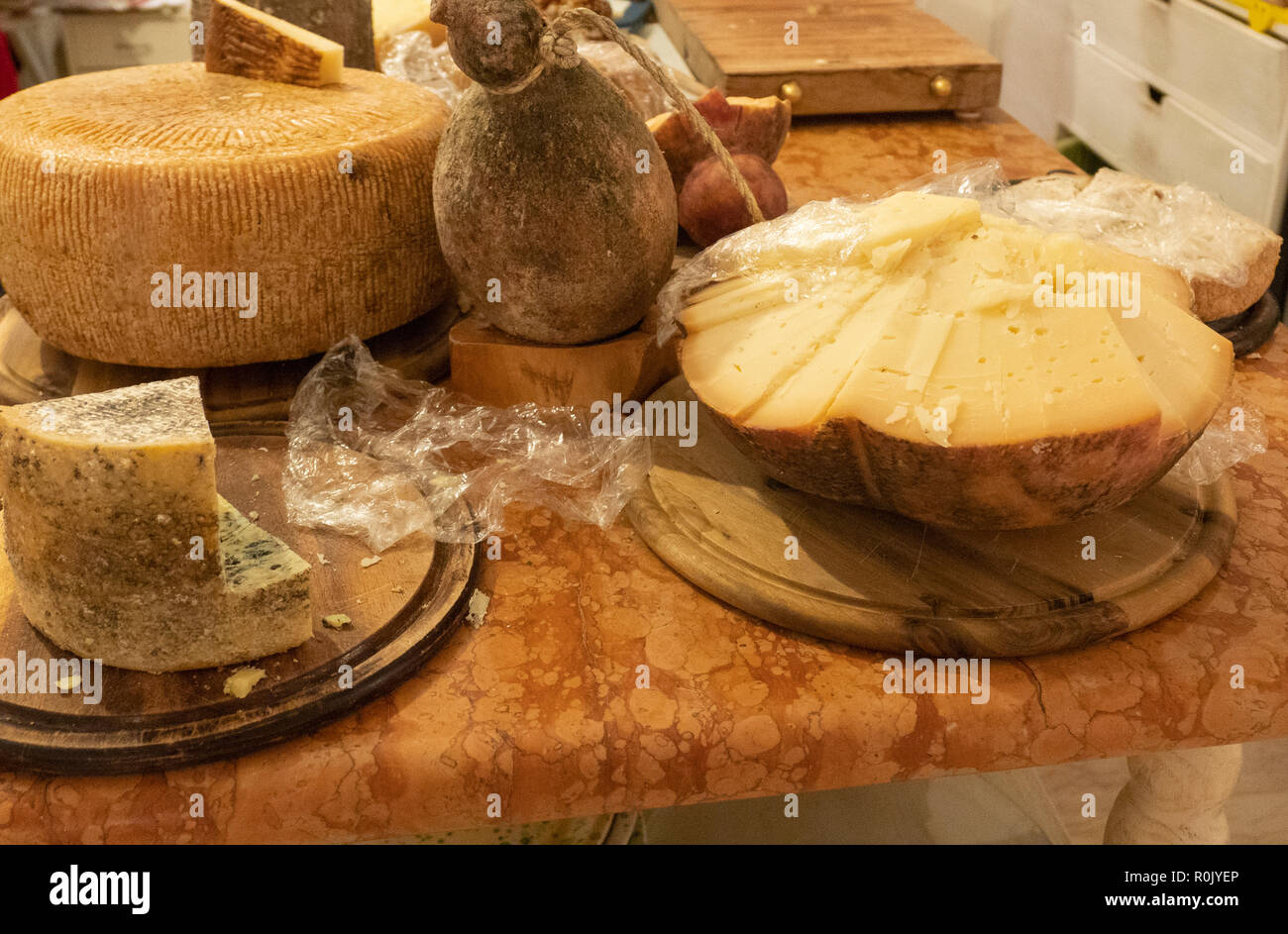 Display of different cheeses in restaurant in Puglia, South Italy Stock ...