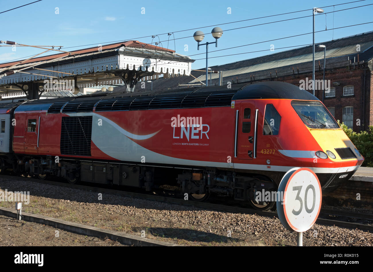 LNER train locomotive engine waiting at the railway station York North ...