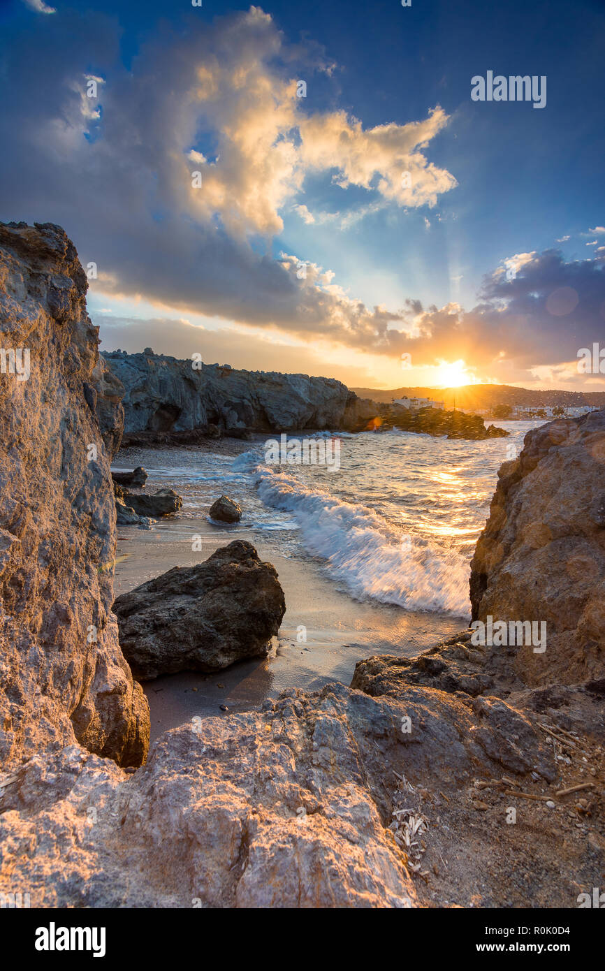 Amazing hidden beach and rocks in Milatos, Crete, Greece during sunset ...