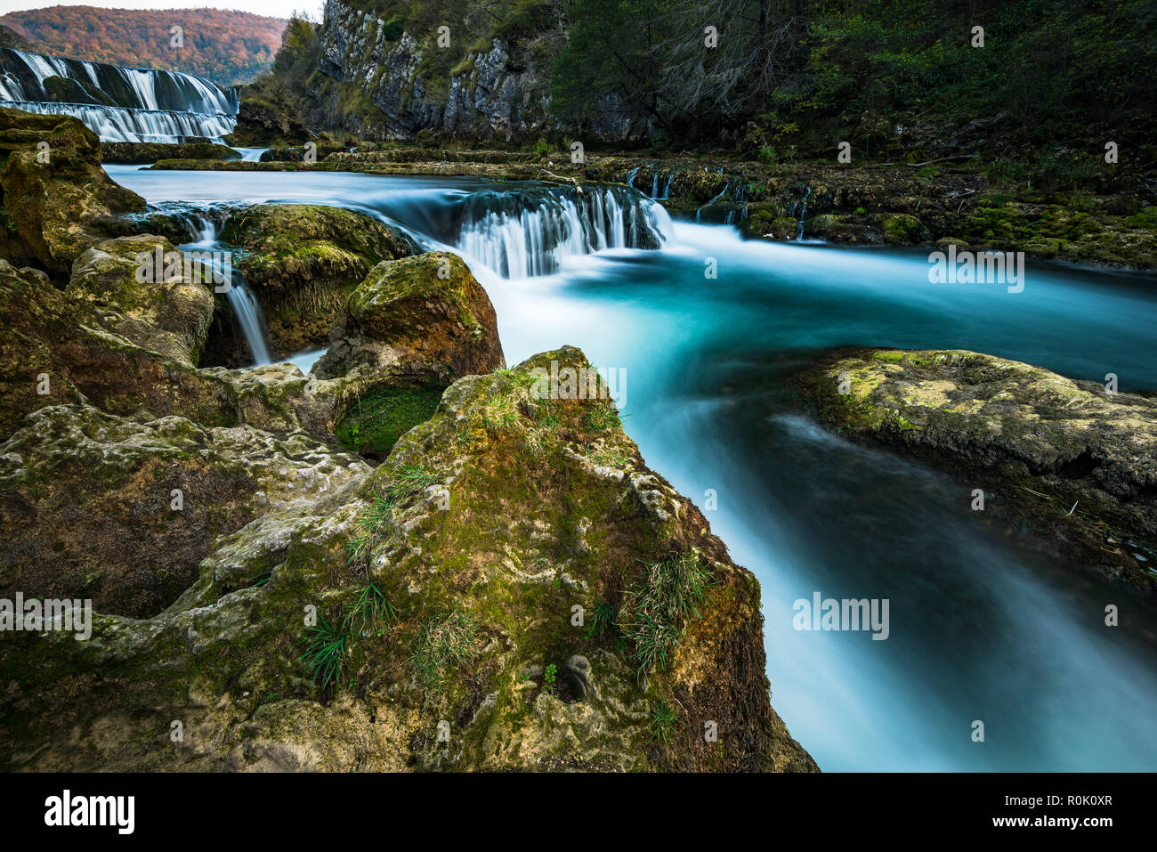 Strbacki buk waterfall on river Una in Bosnia and Croatia border. Long ...