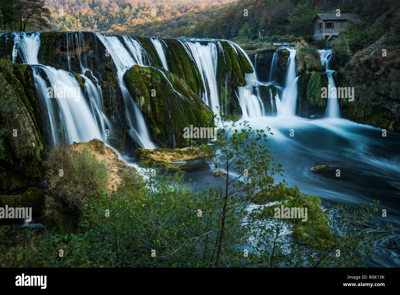 Strbacki buk waterfall on Una river, Bosnia and Croatia border. Long ...